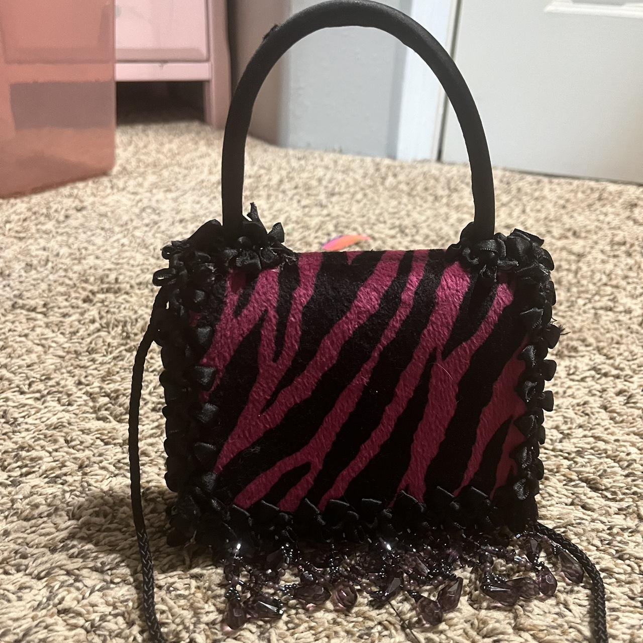 Tiny Pink and black zebra print purse with beaded... - Depop
