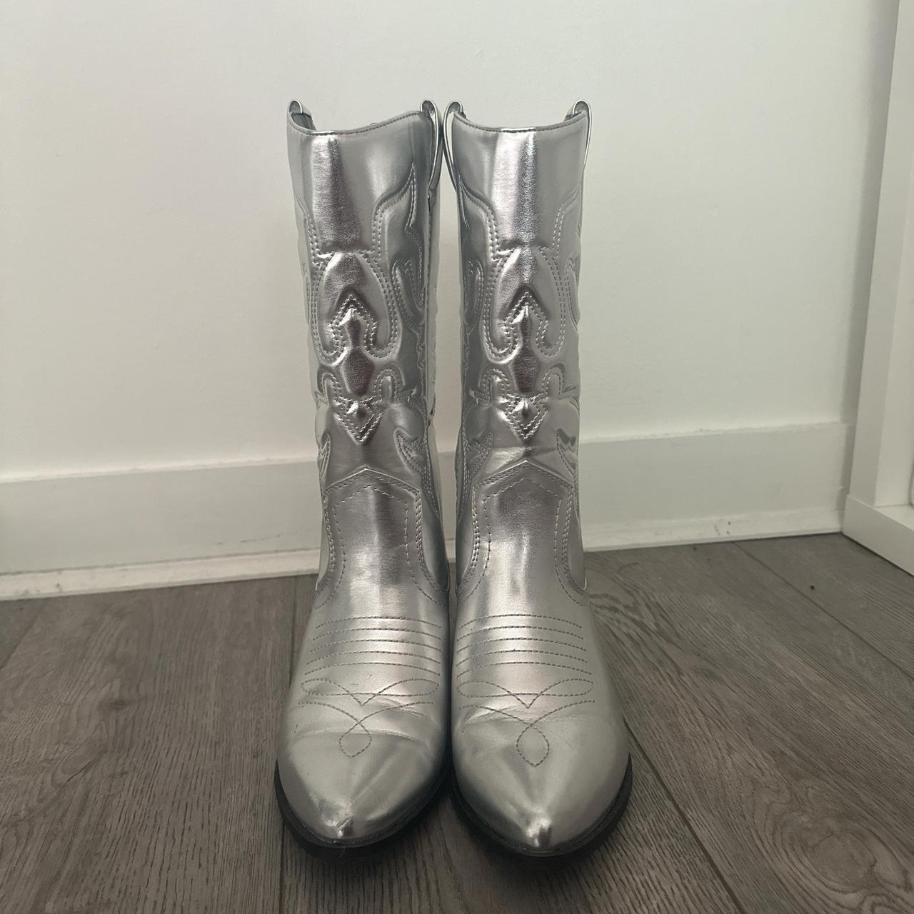 Silver cowboy boots with a small heel, worn once... - Depop
