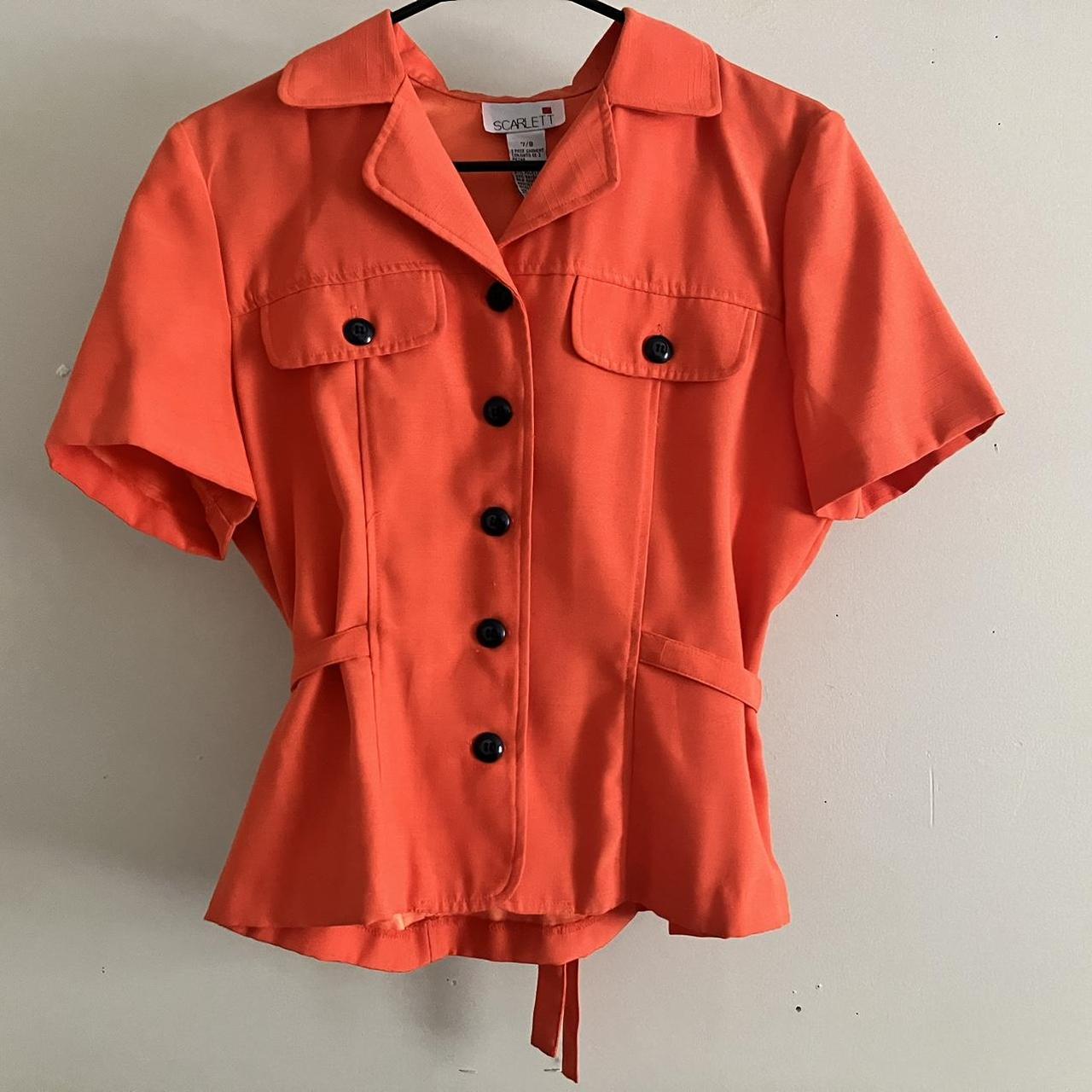 Cute orange button- up blouse with faux pockets -... - Depop