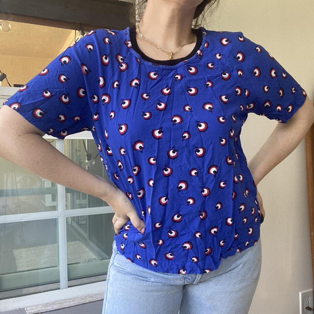 Hush brand royal blue tshirt style blouse with red... | Depop