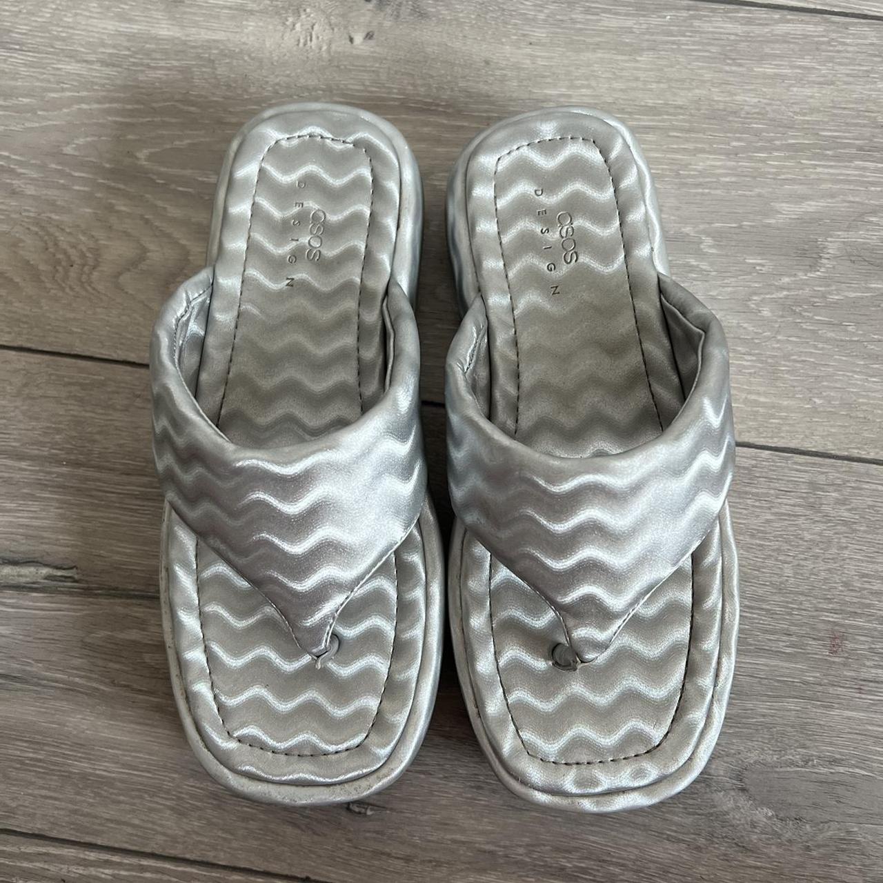 ASOS Silver Patterned Platform Flip Flop Sandals... - Depop