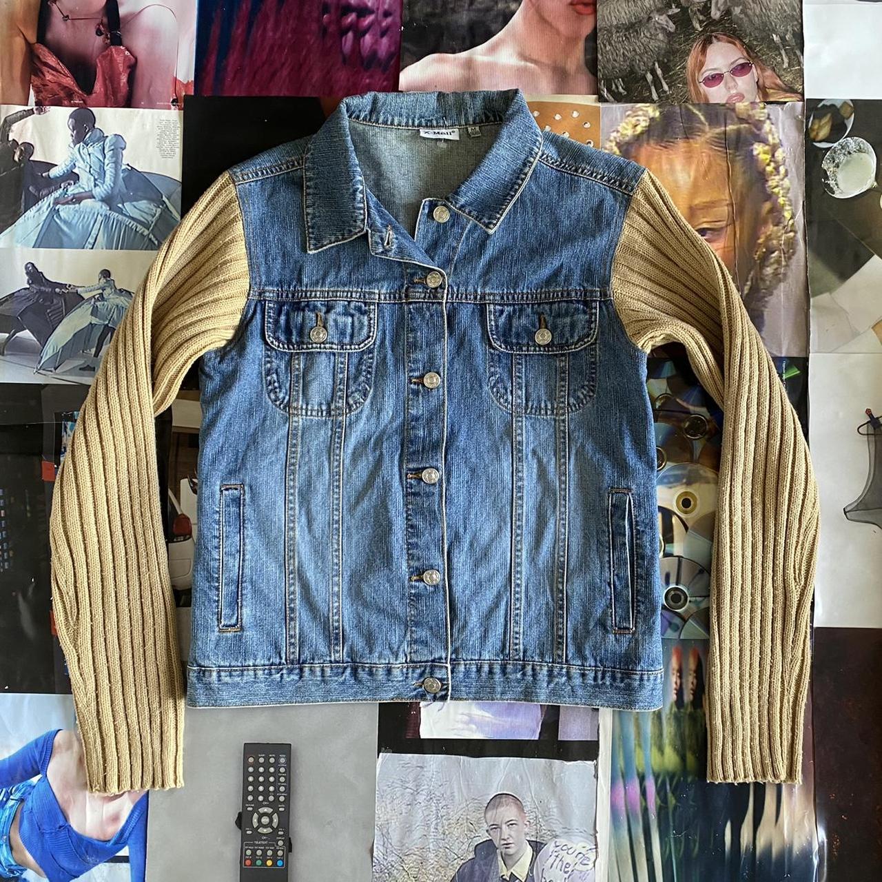 Y2k denim jacket with ribbed cardigan sleeves best... - Depop