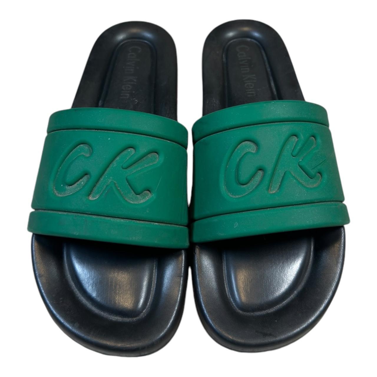Calvin Klein Slides Green and black Calvin Klein... - Depop