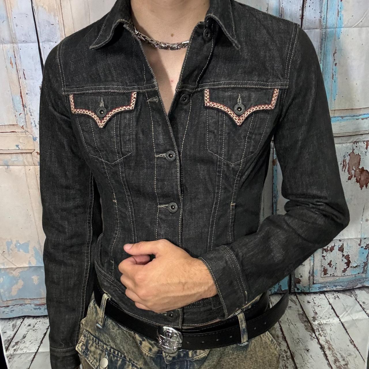 black denim jacket, with designs embroidered, black... - Depop