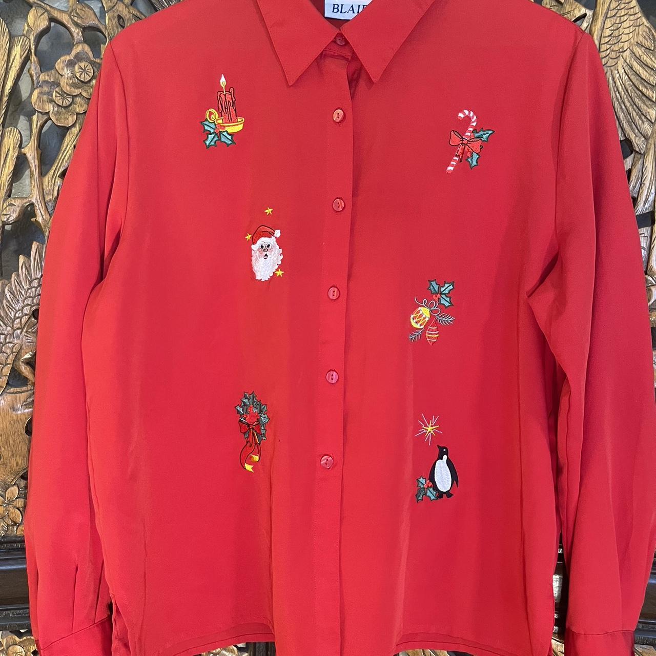 Red and white Christmas blouse with embroidered... - Depop
