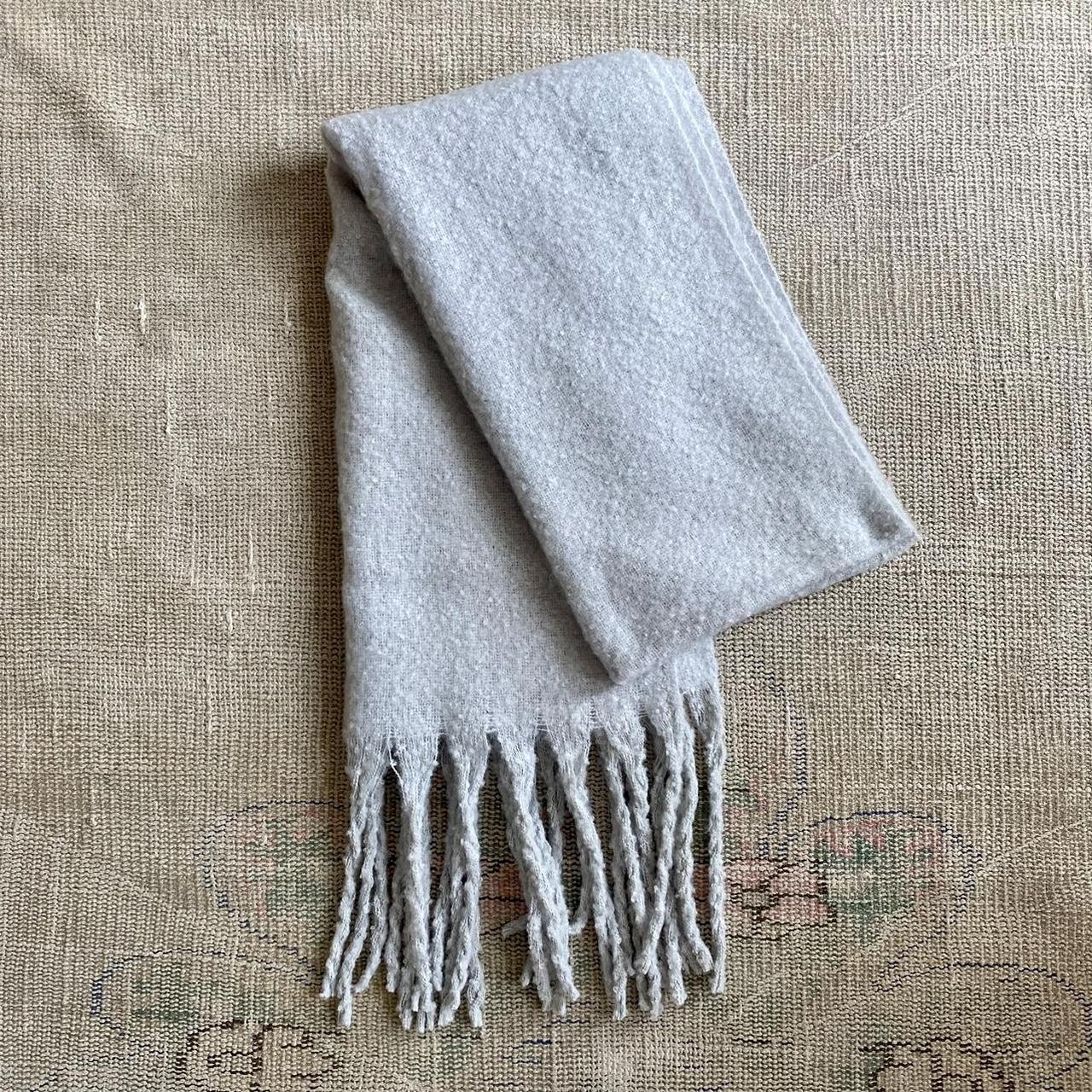 Light grey polyester oversized fringe scarf. New... - Depop