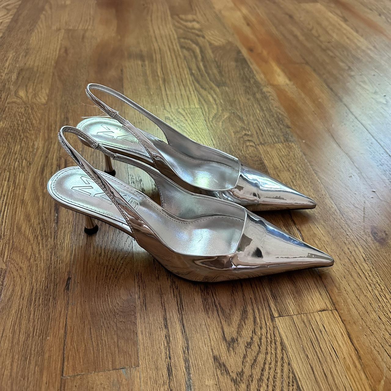 Mango silver sling back heels worn once - Depop