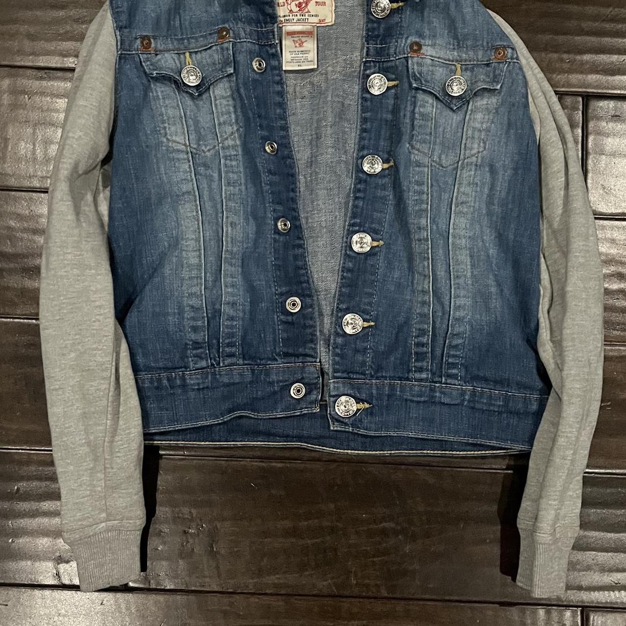 TRUE RELIGION Blue denim jacket with grey sleeves... - Depop