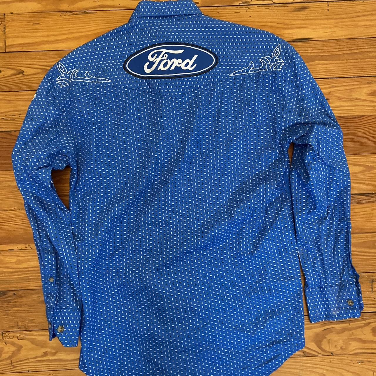 Blue Wrangler button-up shirt with Ford patch... | Depop