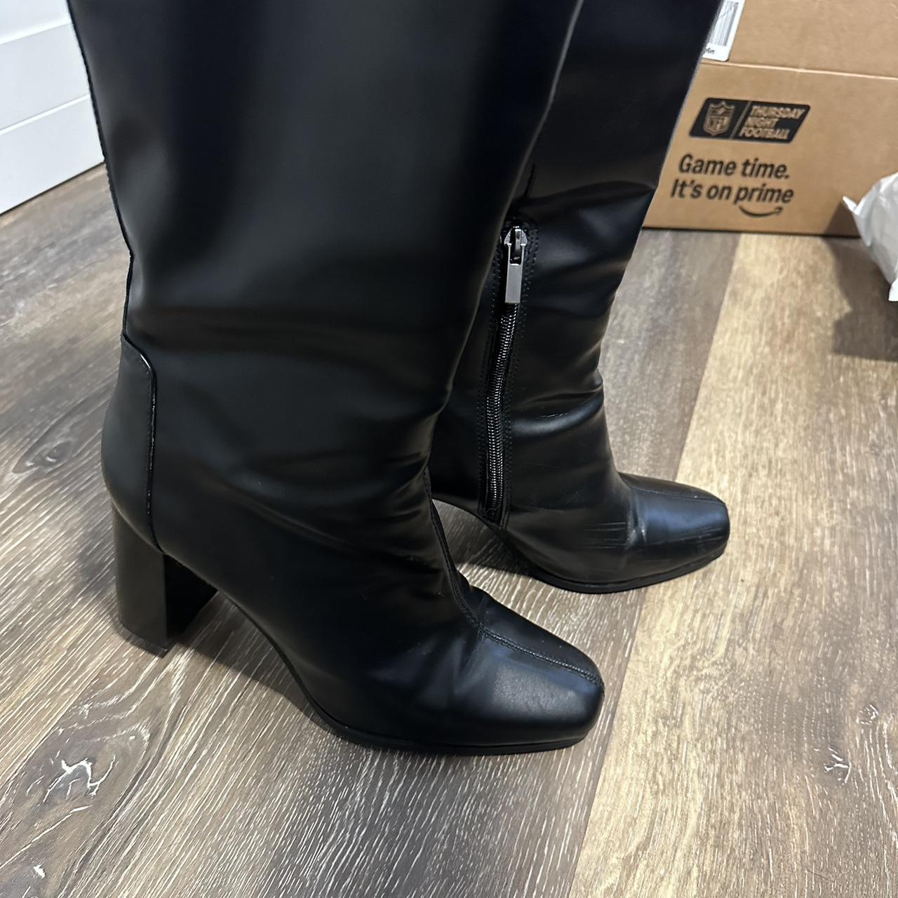 Bershka tall knee high black heel faux leather boots... - Depop