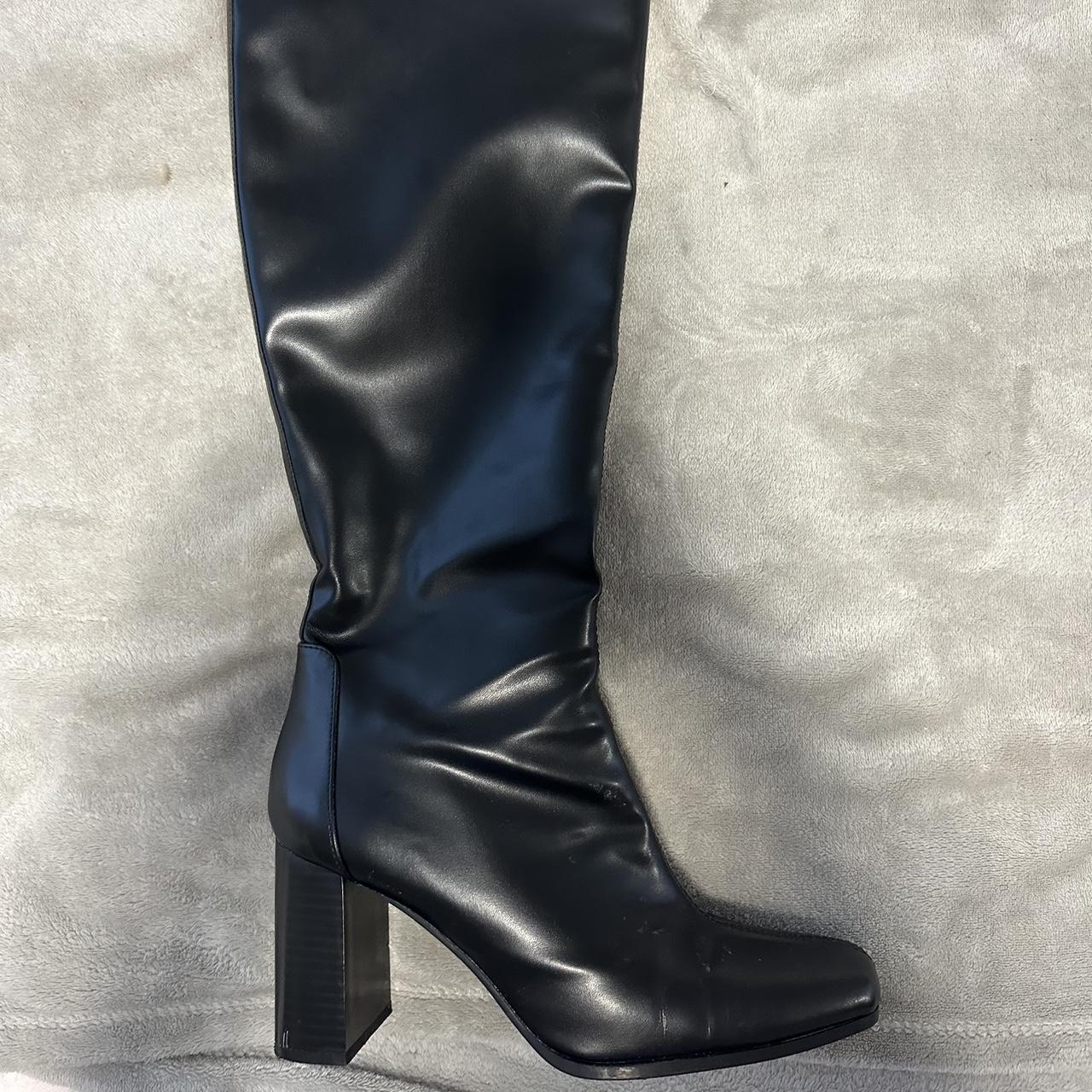 Bershka tall knee high black heel faux leather boots... - Depop