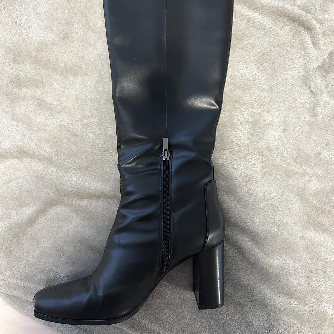 Bershka tall knee high black heel faux leather boots... - Depop