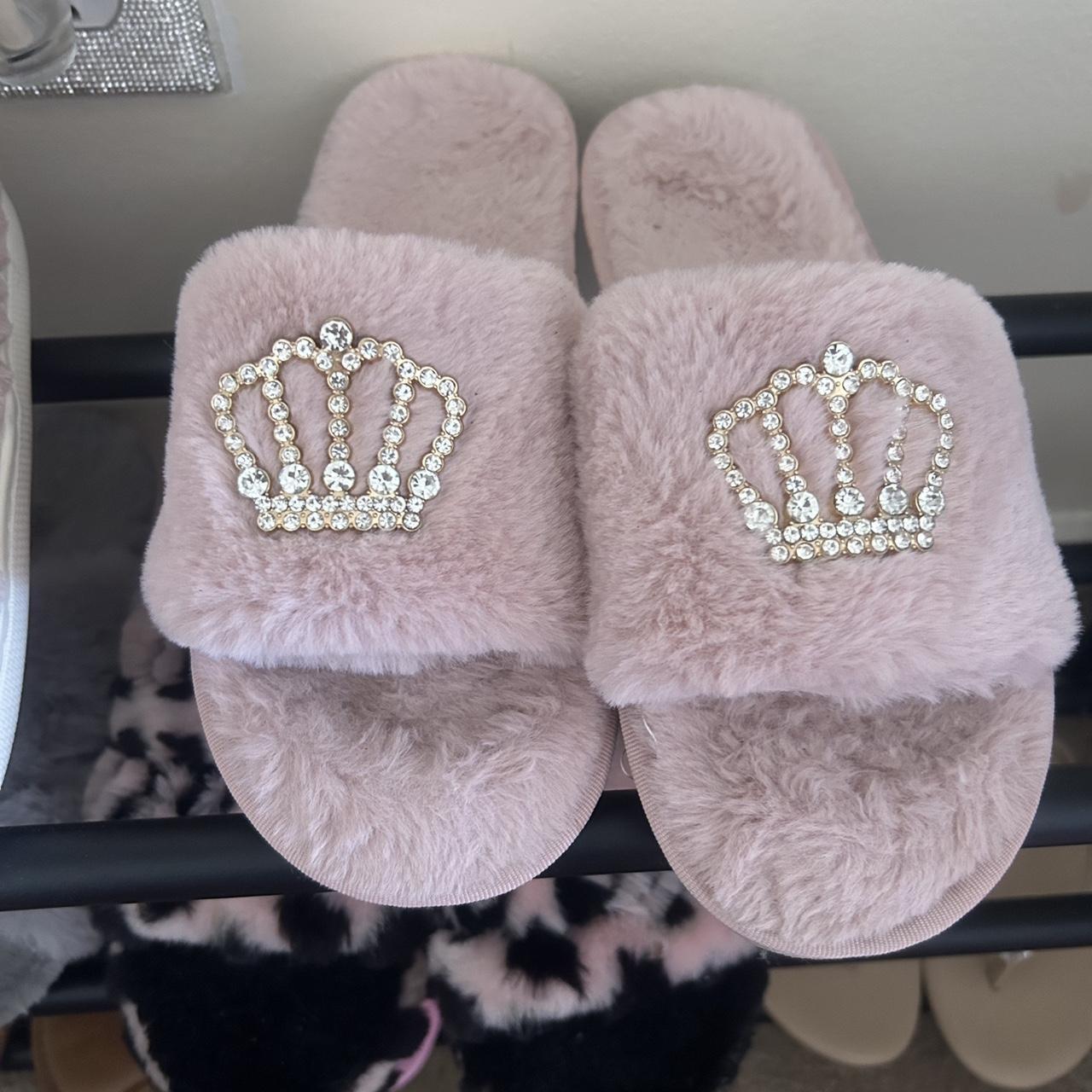 Pink and white fuzzy slippers with rhinestone crown... | Depop