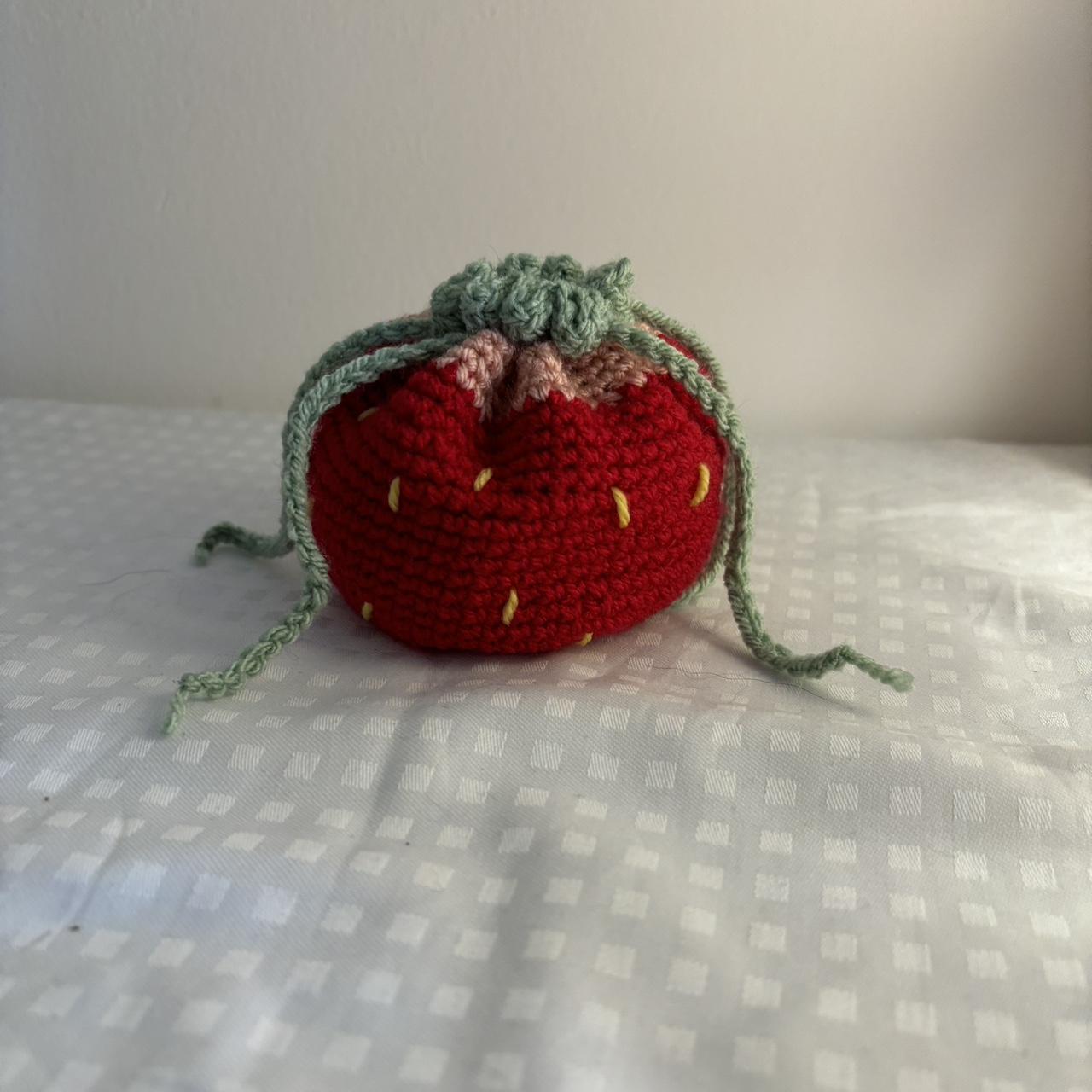 Red strawberry hand-crocheted drawstring pouch with... - Depop