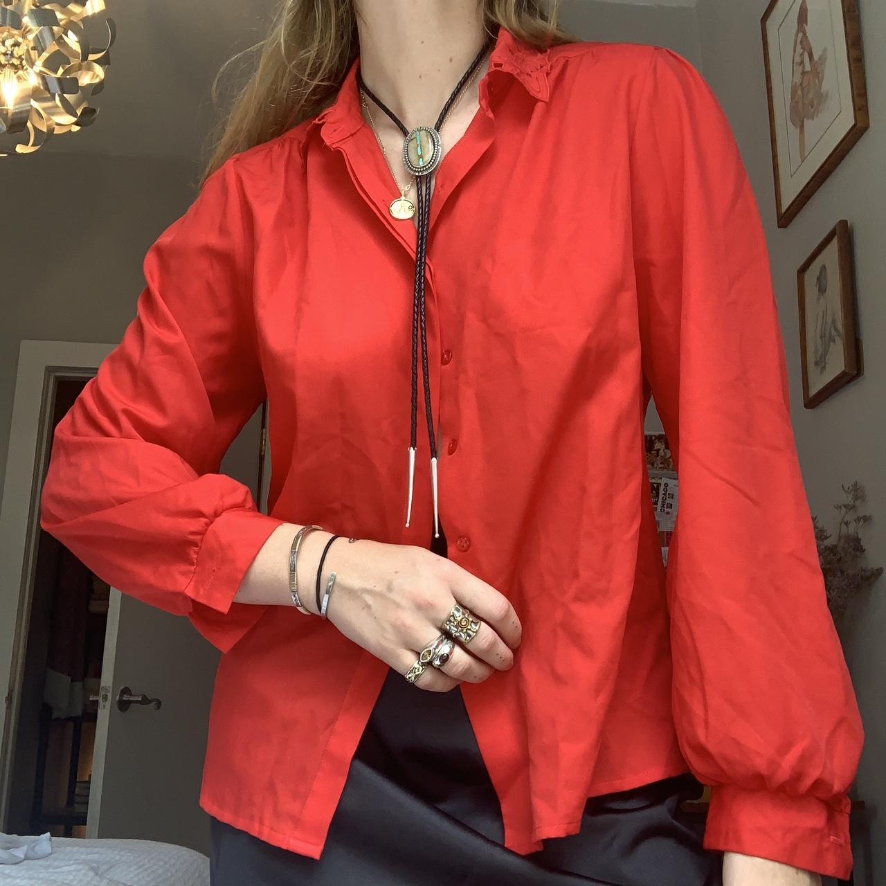 Pretty red button down blouse with lace detailed... - Depop