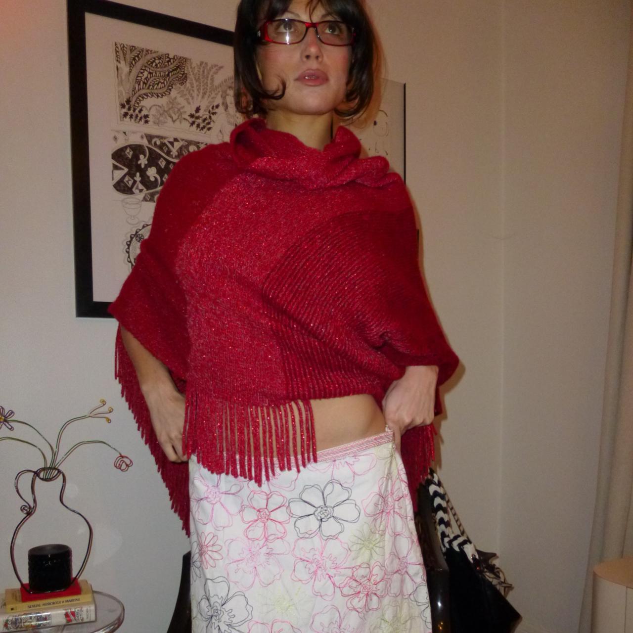 chicos red metallic poncho. cowl neck and fringe... - Depop