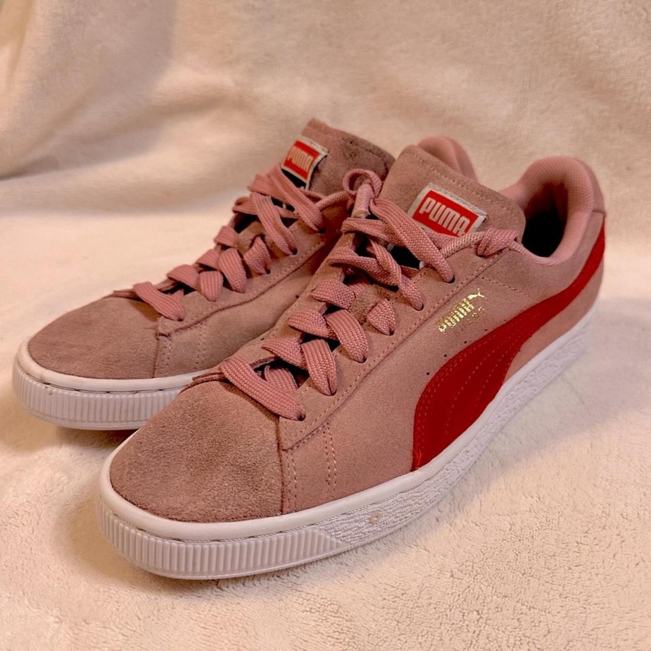 The Puma Suede Classic Pink & Red Hibiscus shoes... - Depop