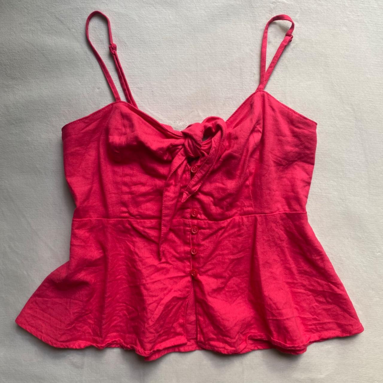 hot pink linen blend tank top with buttons and tie... - Depop