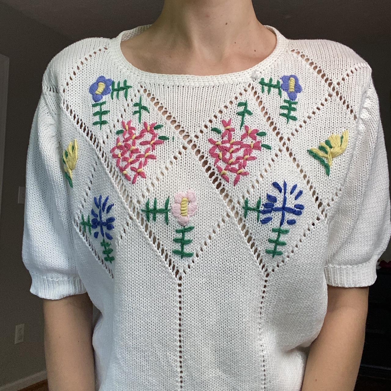 Vintage white sweater with embroidered flowers!... - Depop