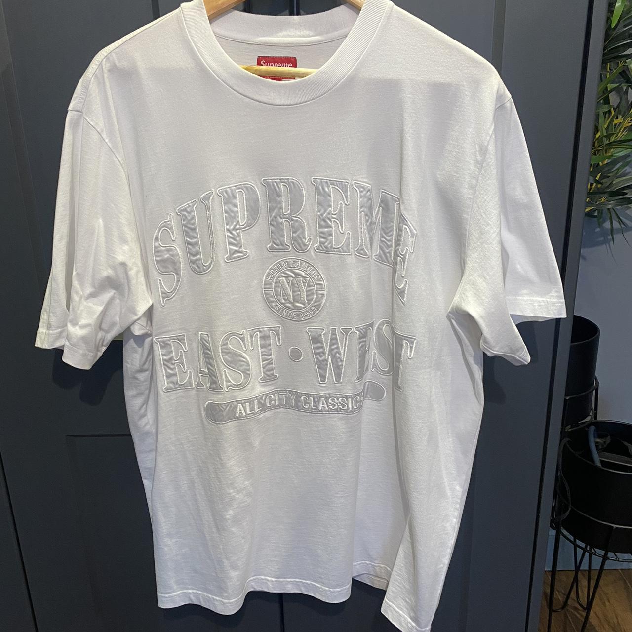 Full white supreme t shirt with satin ‘east west’... - Depop