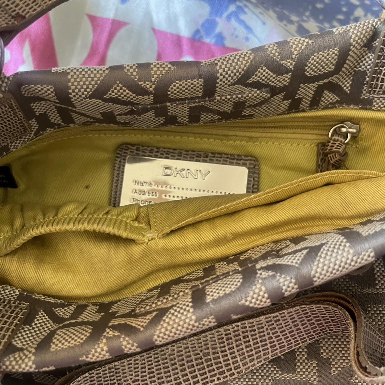 Brown and tan DKNY bag with yellow interior straps... | Depop