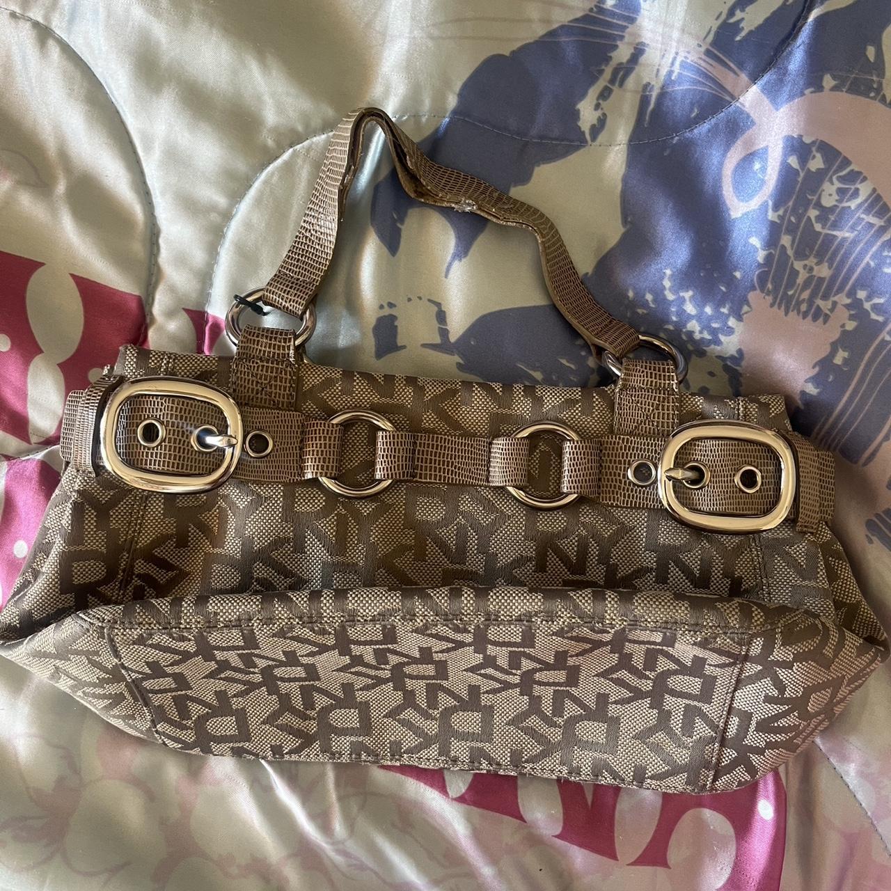 Brown and tan DKNY bag with yellow interior straps... | Depop