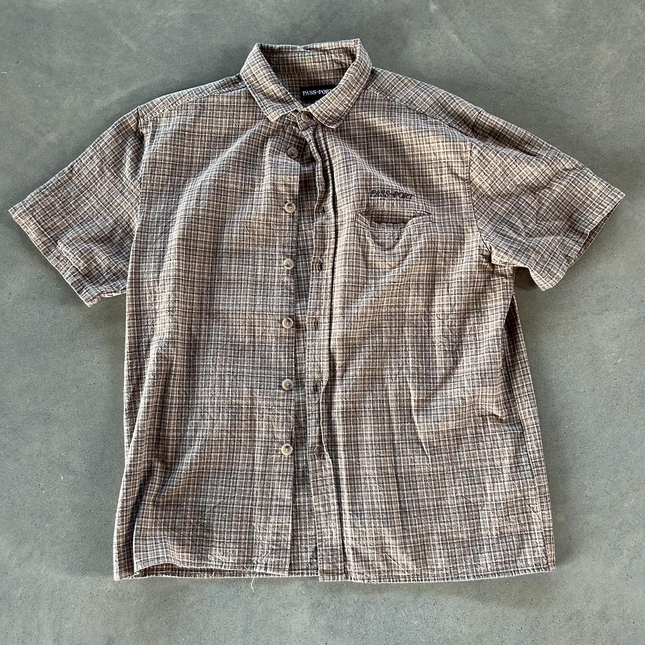 Brown and cream plaid short sleeve button up shirt - Depop
