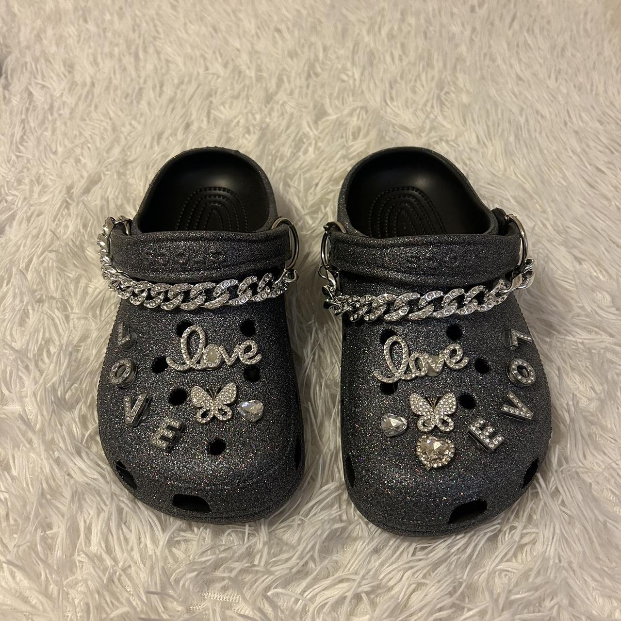 Black sparkle crocs with gem designs that I applied... - Depop