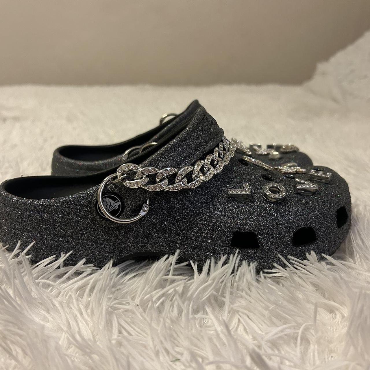 Black sparkle crocs with gem designs that I applied... - Depop