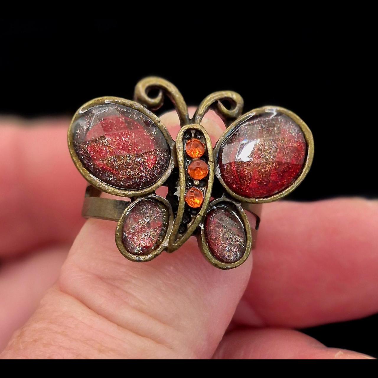 Red and antique gold adjustable butterfly ring. A... | Depop