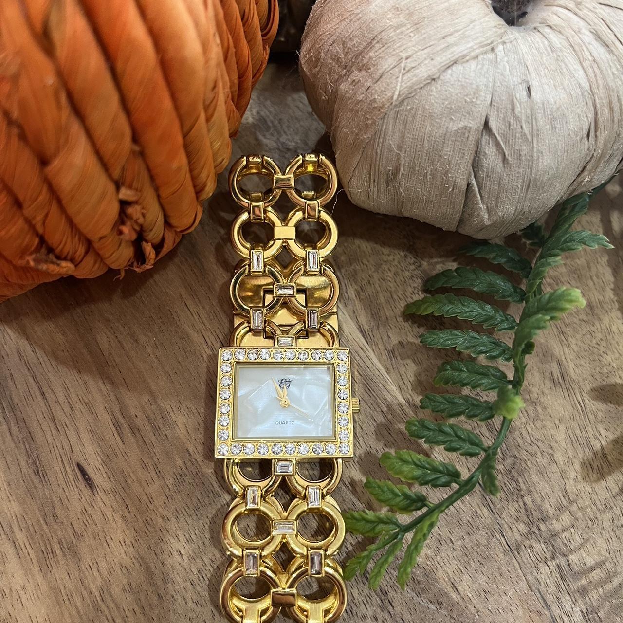 Gold tone and white crystal watch with mother of... | Depop
