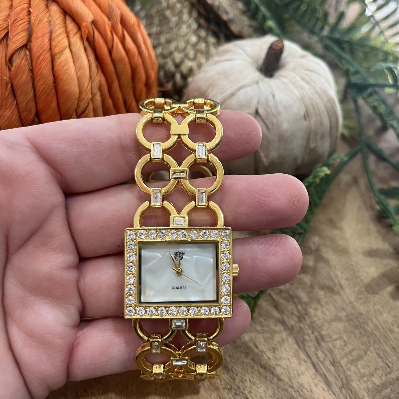 Gold tone and white crystal watch with mother of... | Depop