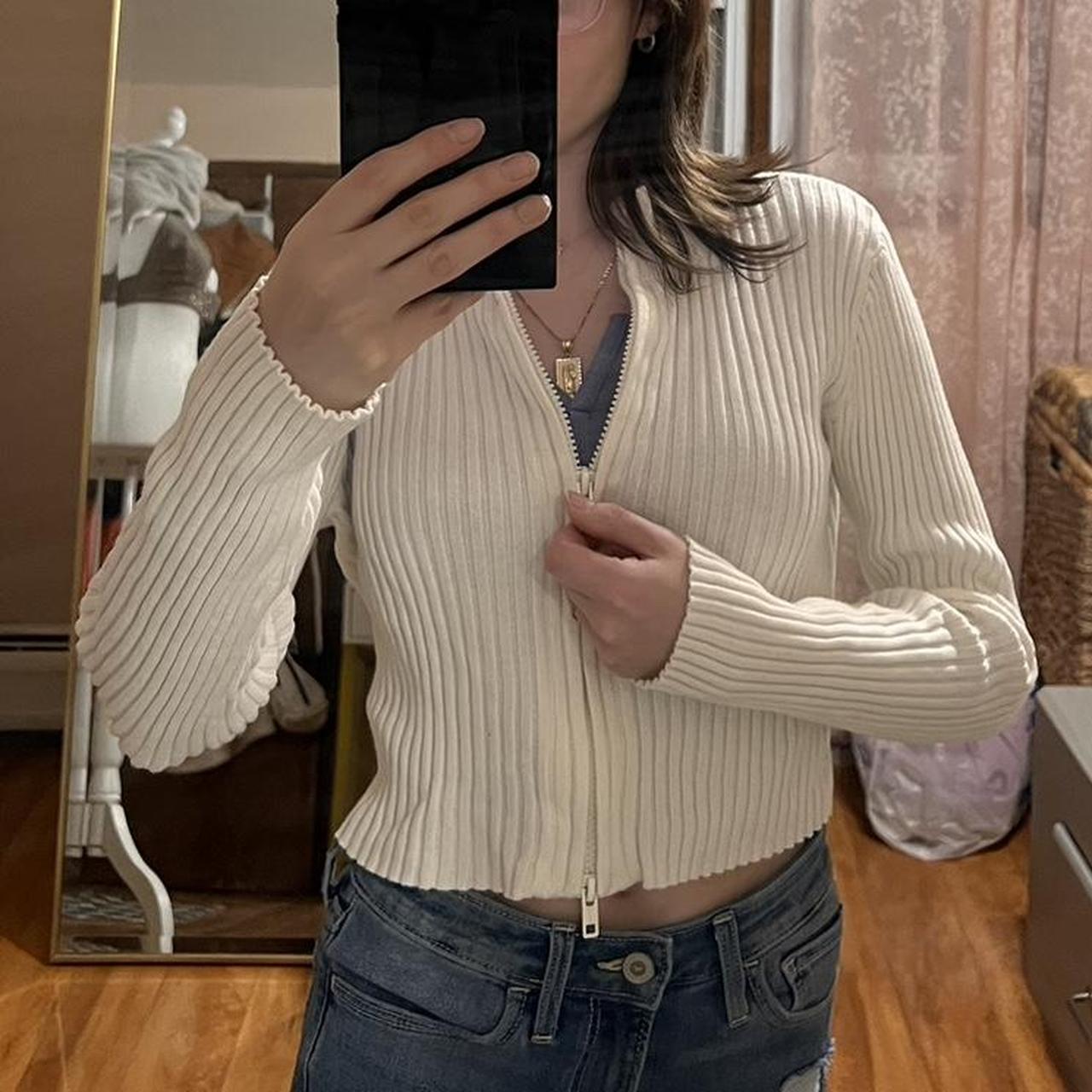 -White ribbed zip up sweater from... - Depop