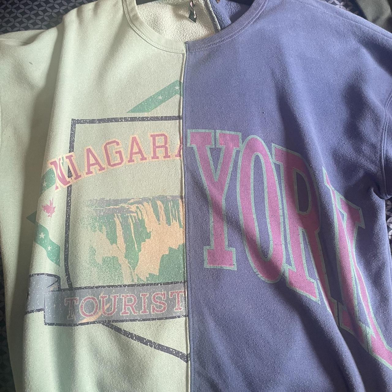 Cream green and blue split sweatshirt - Depop