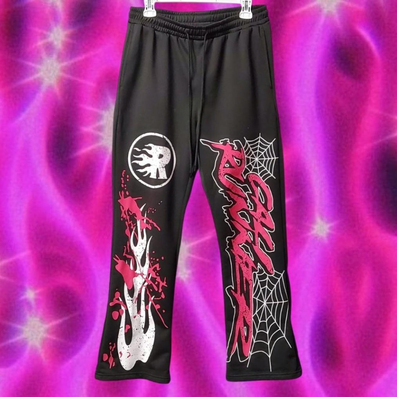 Black and pink hellstar style sweatpants with flame... | Depop