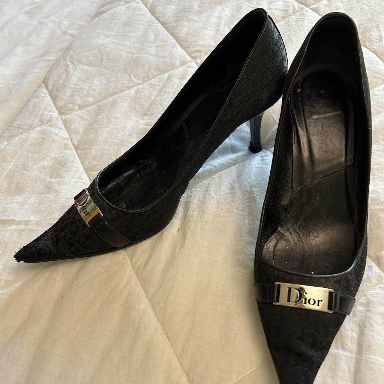 Monogrammed black fabric Dior heels with silver Dior... - Depop