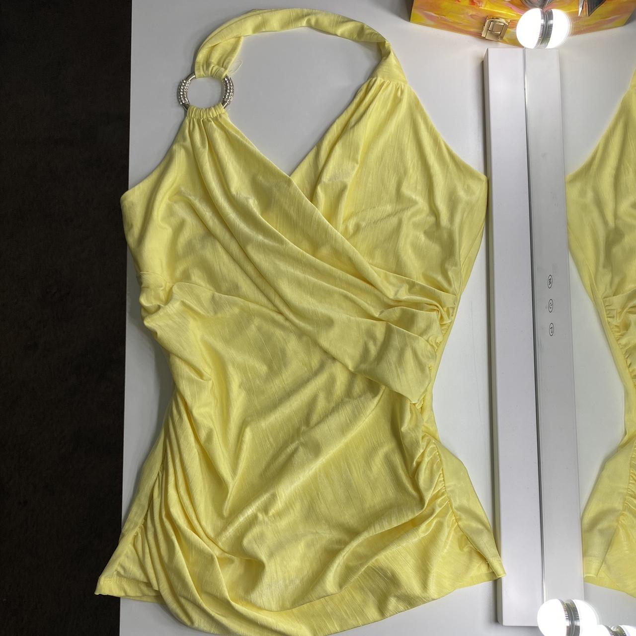 vintage y2k Yellow halter top with silver circle detail - Depop