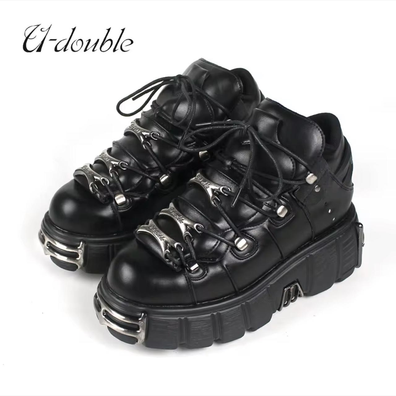 Gothic punk black and silver platform shoes with... - Depop