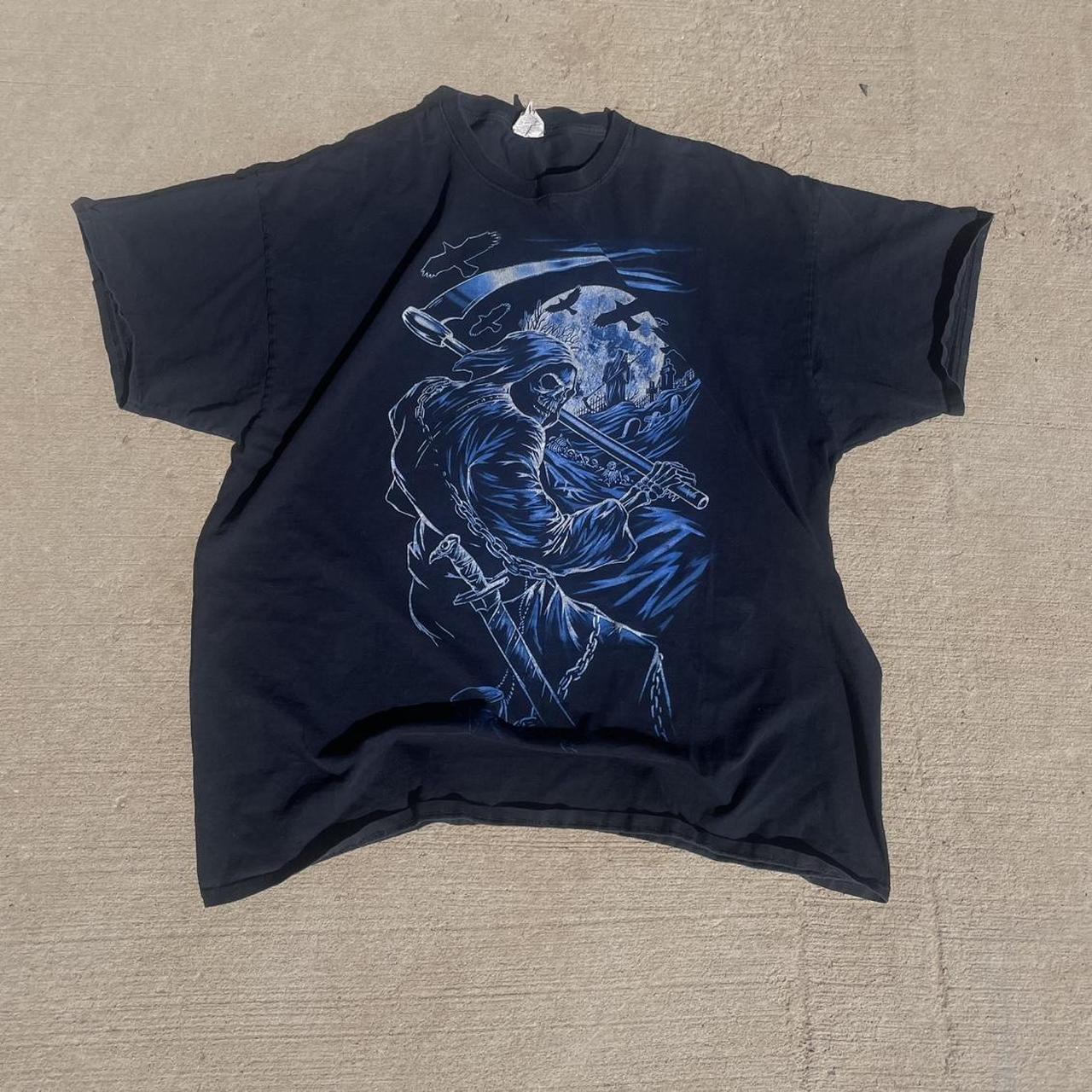 Navy and blue goth-inspired Grim Reaper tee -nice... | Depop
