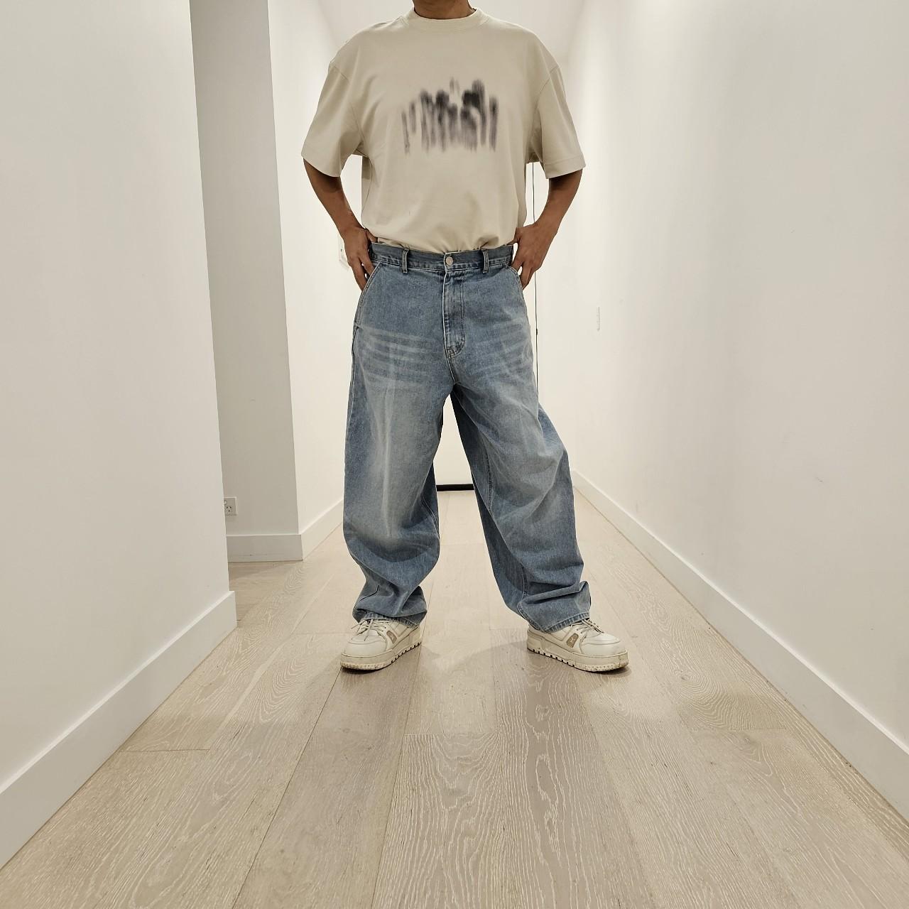 2000s Blue Mid Rise Baggy Jeans Straight cut with... - Depop