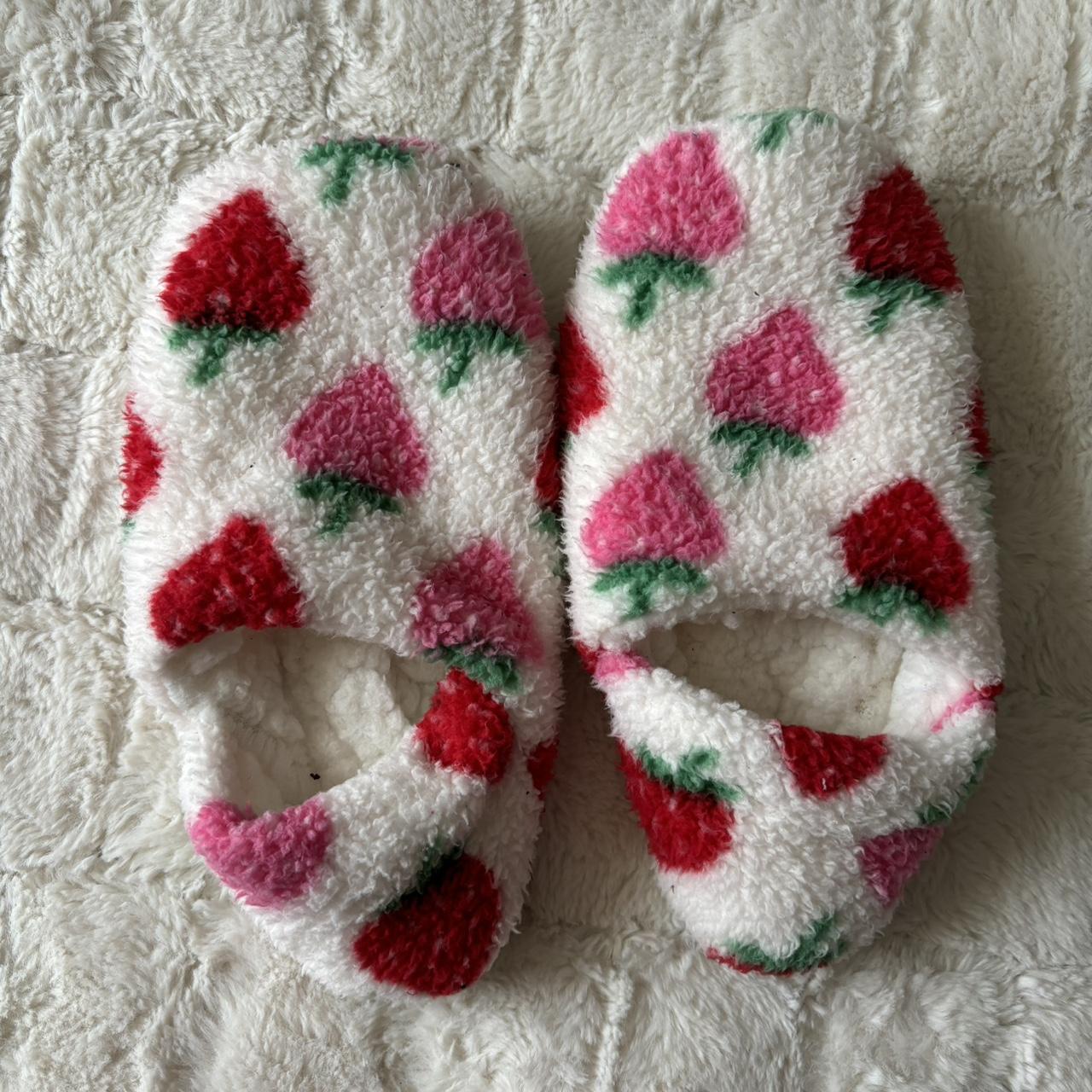 Strawberry fuzzy slippers - super cute! #strawberry... - Depop