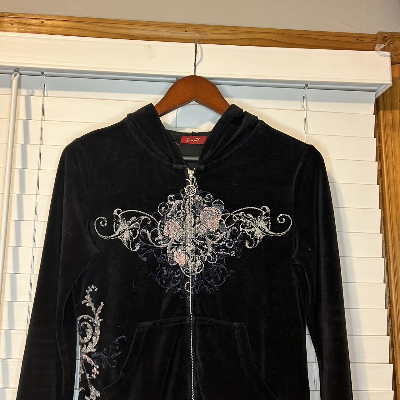 Seven7 200s vintage black velvet zip up hoodie with... - Depop