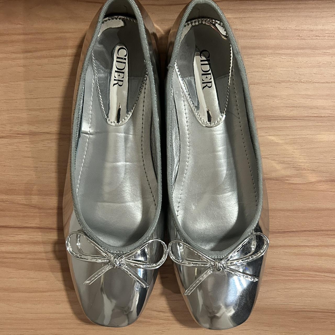 silver ballet flats with bow detail - Depop