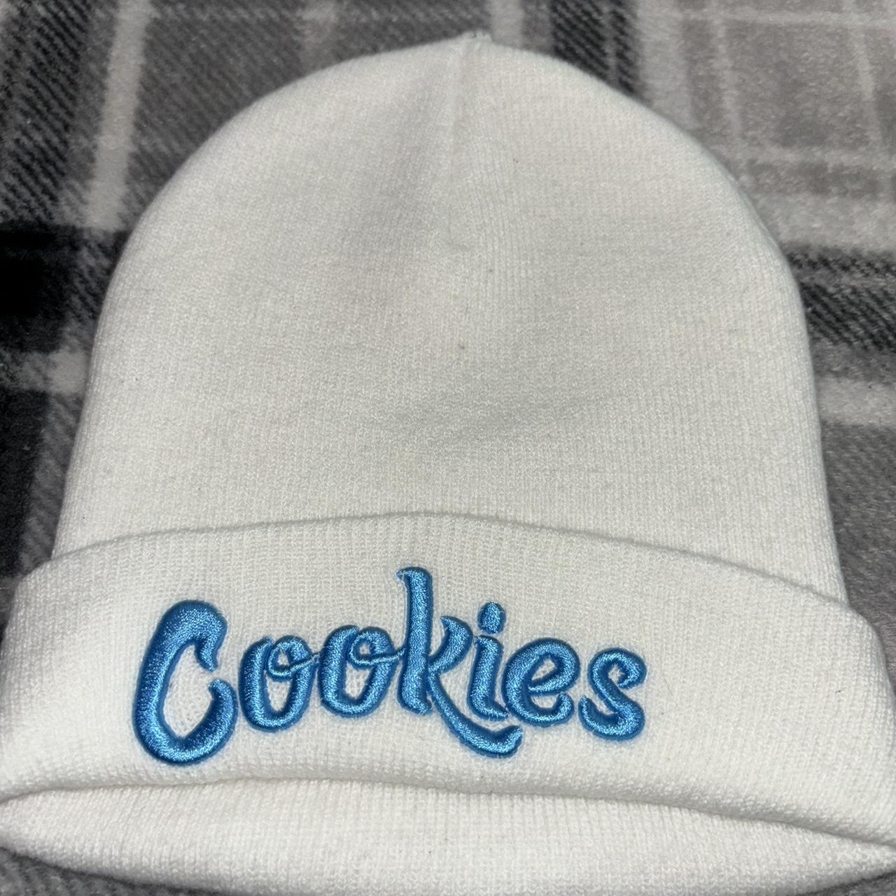 white and blue cookies beanie, never worn - Depop
