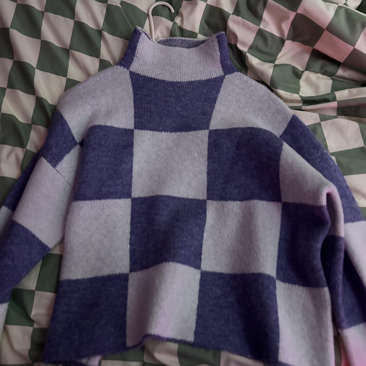 Purple and grey checkered turtleneck. makeup stain... - Depop