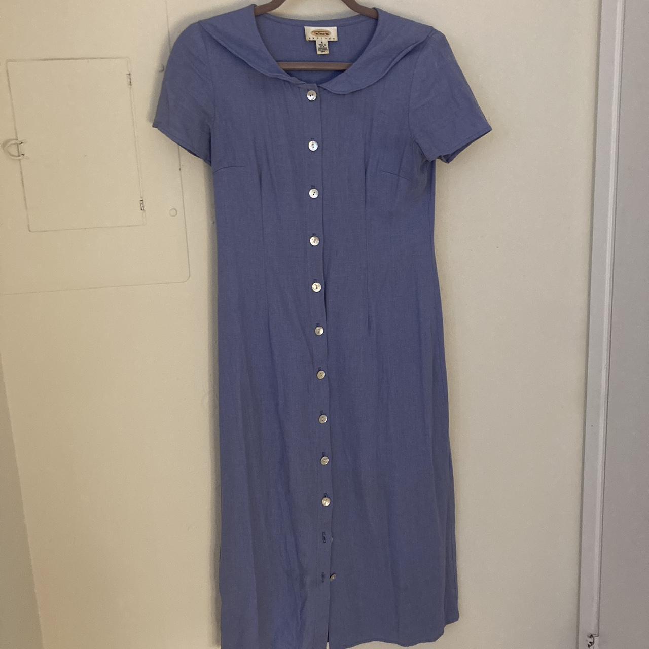 Blue button up dress with a collared neckline and... - Depop