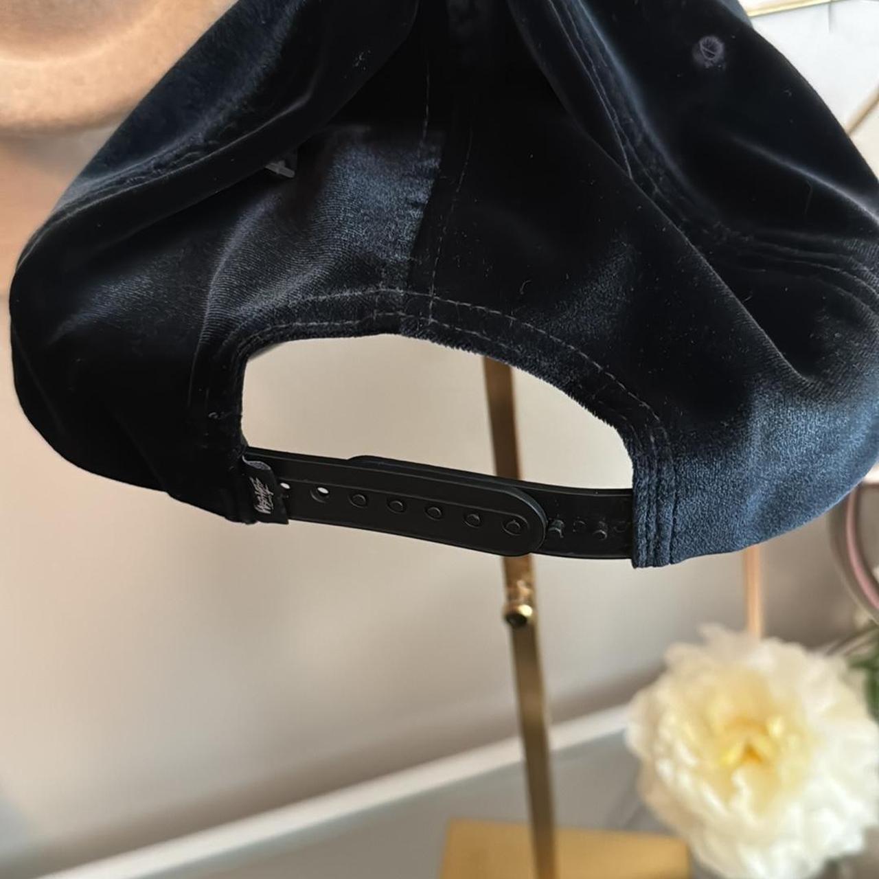 Stüssy black velvet cap with gold tone metal logo -... - Depop