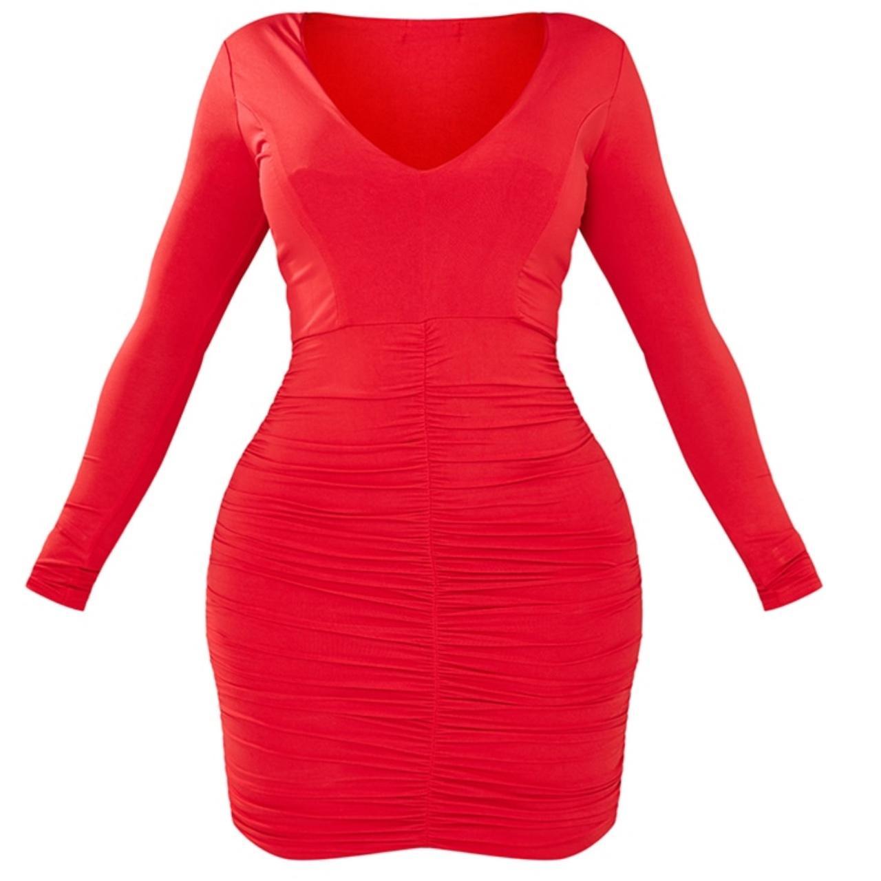 Shape Red Slinky Ruched Mini Dress Never... - Depop