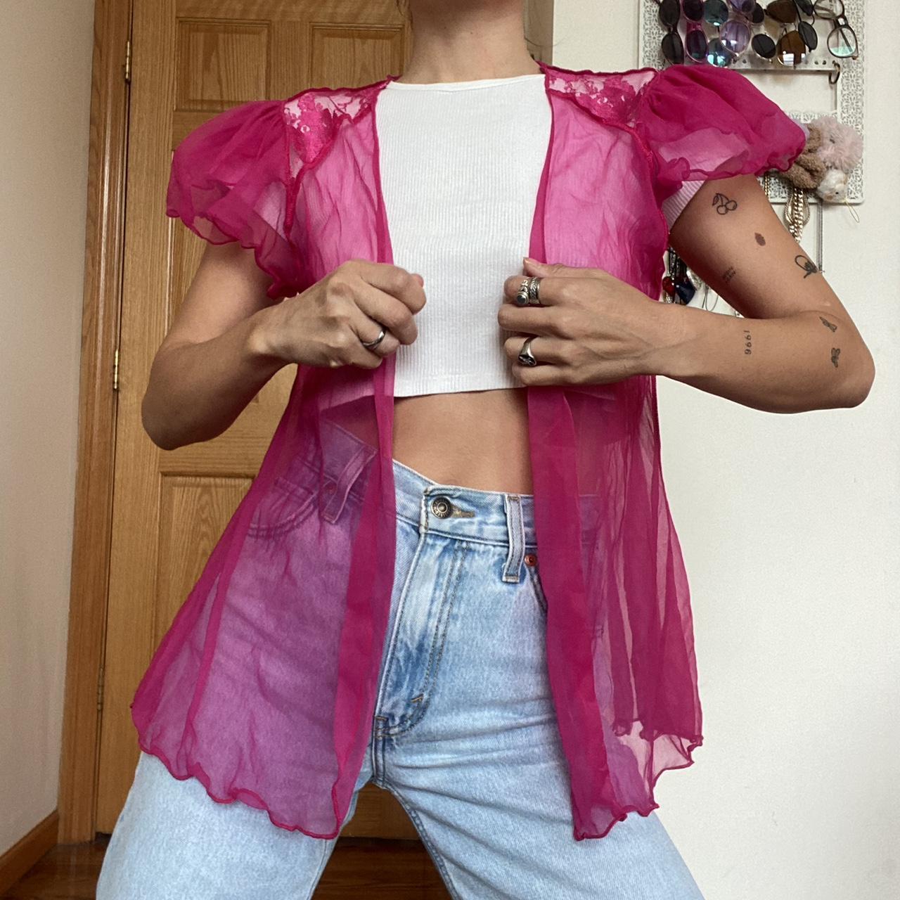 vintage sheer top. open front with insane ruffle... | Depop