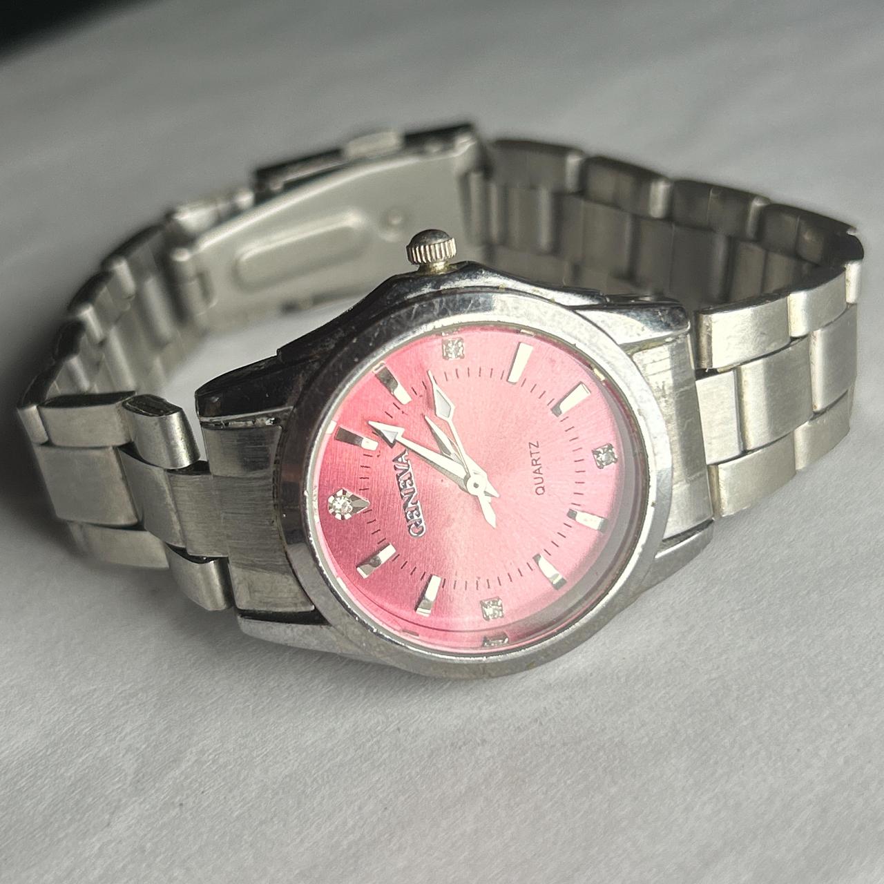 Silver tone Geneva watch with pink face - watch... - Depop